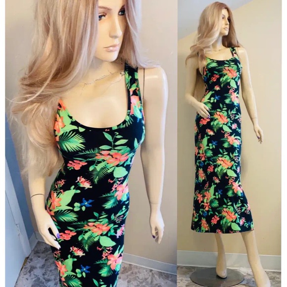 objex | Dresses | Objex Tropical Neon Pattern Bodycon Maxi Dress | Poshmark